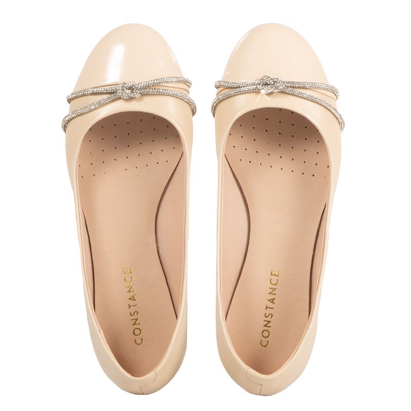 Sapatilha Bege Bico Redondo Detalhes Strass
