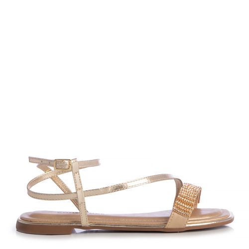 Rasteira Dourada Tira Reta Aplicação Strass