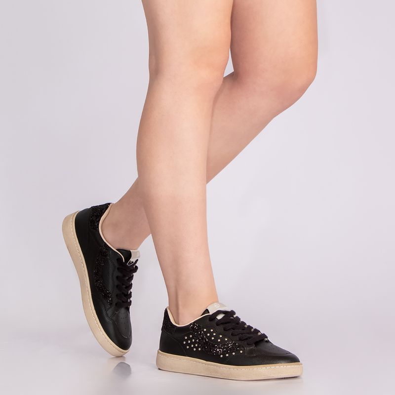 Tênis Couro Preto Glitter